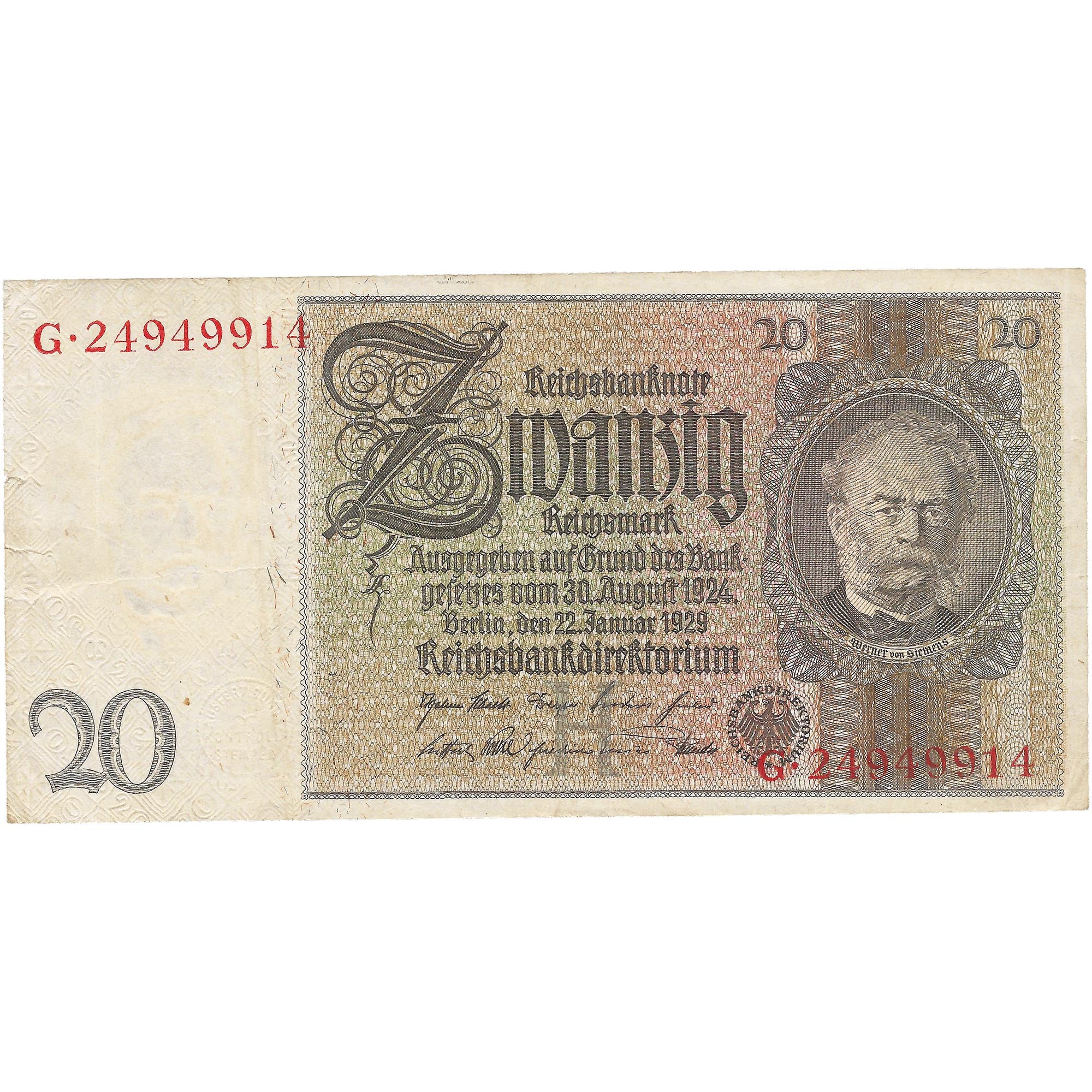 1929 20 Reichsmark Germany Banknote Portrait of Werner von Siemens ...